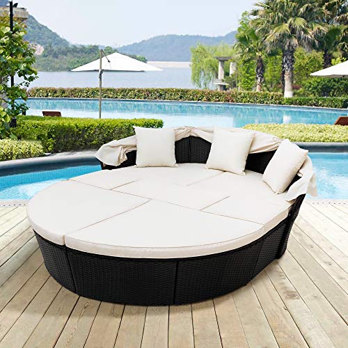 Merax Outdoor Patio Rattan Round Daybed Sunbed with Retractable Canopy, Sectional Sofa Set for Backyard and Porch Black Furniture Clamshell Seating Containing Washable Cushions, Beige(Oval Shape)