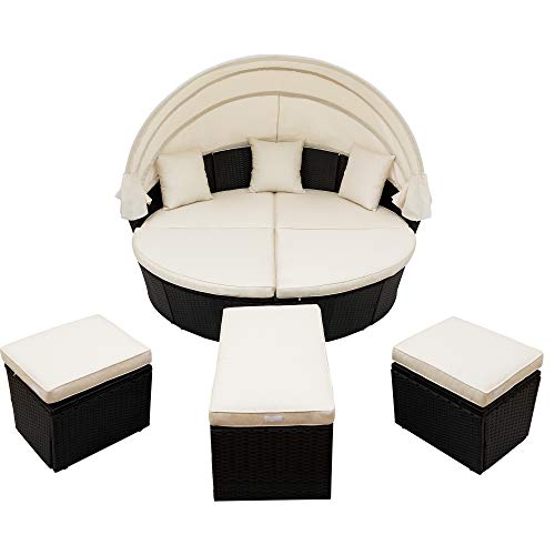 Merax Outdoor Patio Rattan Round Daybed Sunbed with Retractable Canopy, Sectional Sofa Set for Backyard and Porch Black Furniture Clamshell Seating Containing Washable Cushions, Beige(Oval Shape)