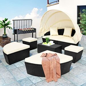 Merax Outdoor Patio Rattan Round Daybed Sunbed with Retractable Canopy, Sectional Sofa Set for Backyard and Porch Black Furniture Clamshell Seating Containing Washable Cushions, Beige(Oval Shape)