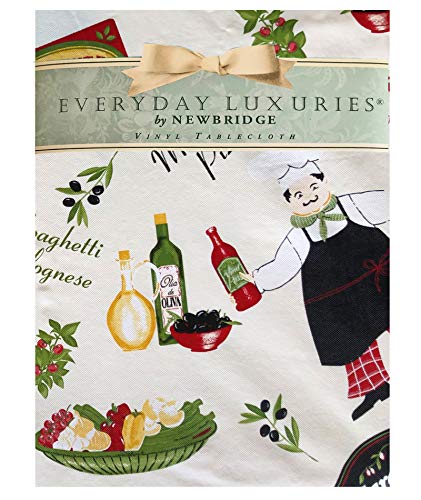 Newbridge Italian Bistro Chef Vinyl Flannel Backed Tablecloth – Novelty Chef Indoor/Outdoor Picnic, BBQ and Dining Tablecloth - 60” x 120” Oblong/Rectangle