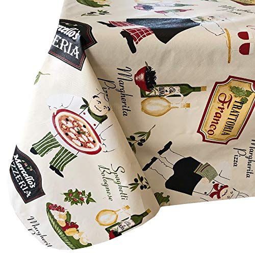 Newbridge Italian Bistro Chef Vinyl Flannel Backed Tablecloth – Novelty Chef Indoor/Outdoor Picnic, BBQ and Dining Tablecloth - 60” x 120” Oblong/Rectangle