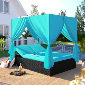 merax outdoor patio wicker sunbed daybed with canopy, overhead curtains, cushions, lounge chairs with adjustable seats, blue