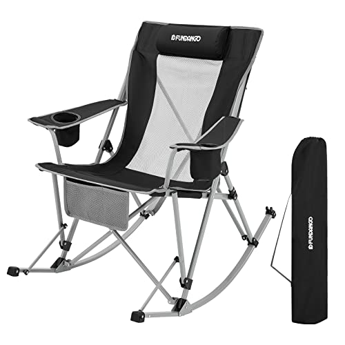 FUNDANGO Lightweight Portable Camping Rocking Chair Outdoor for Adults Fold Up Stable Collapsible Lawn Rocker for Patio, Beach, Concert, Deck, Sports, Holds up to 300lbs, Oversized, Greymesh