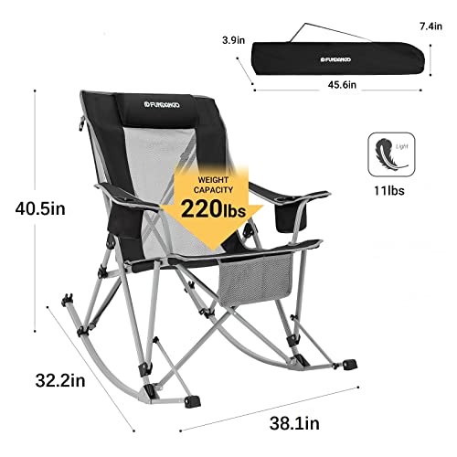 FUNDANGO Lightweight Portable Camping Rocking Chair Outdoor for Adults Fold Up Stable Collapsible Lawn Rocker for Patio, Beach, Concert, Deck, Sports, Holds up to 300lbs, Oversized, Greymesh