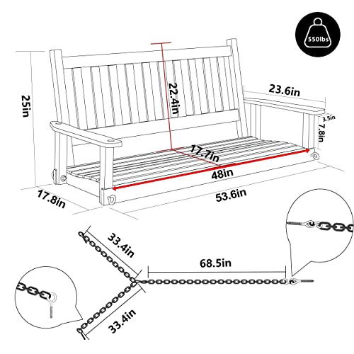 VEIKOU Porch Swing Outdoor, 4ft Wooden Bench Swing 2-Seater, Heavy Duty 550 Lbs Porch Swings with Armrests, Hanging Front Porch Swing Chair for Yard Patio Garden, Rustic