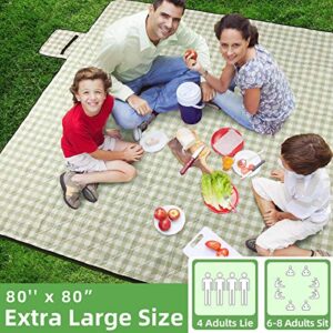 ZAZE Extra Large Picnic Outdoor Blanket, 80''x80'' Waterproof Foldable Blankets Gingham Picnic Mat for Beach, Camping on Grass Picnic Blankets (Green and White)