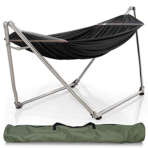 Tranquillo 450lb Capacity Hammock with Stand Included Instant Set Up Foldable Portable Hammock Bed with Spreader Bar, Indoor & Outdoor, Black