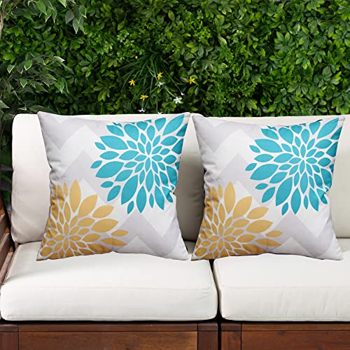 Outdoor Waterproof Throw Pillow Covers 18x18 Inch Teal and Yellow Dahlia Flower Outdoor Decor Accent Pillows for Patio Furniture Set of 2