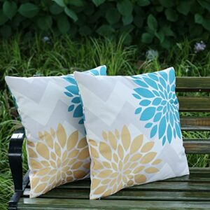 Outdoor Waterproof Throw Pillow Covers 18x18 Inch Teal and Yellow Dahlia Flower Outdoor Decor Accent Pillows for Patio Furniture Set of 2