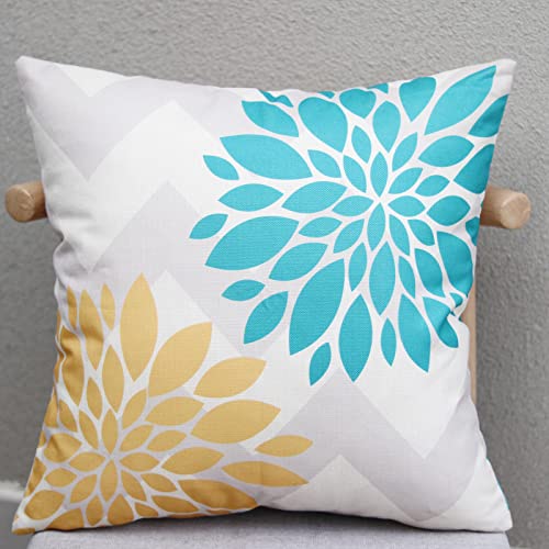 Outdoor Waterproof Throw Pillow Covers 18x18 Inch Teal and Yellow Dahlia Flower Outdoor Decor Accent Pillows for Patio Furniture Set of 2