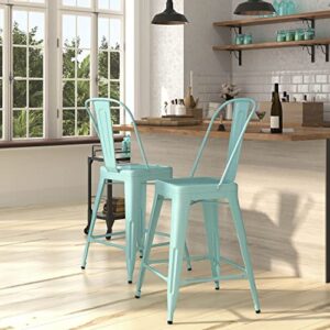 merrick lane stella 24″ metal indoor-outdoor counter stool with vertical slat back and integrated footrest in mint green