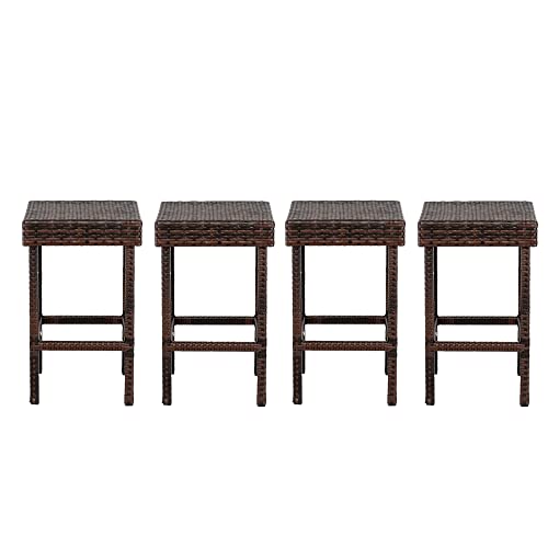 24 inch Counter Height Rattan Wicker Bar Stools Set of 4, Bistro Pub Backless Barstools, Kitchen Dining Room Chairs, Indoor Outdoor Furniture (Brown)