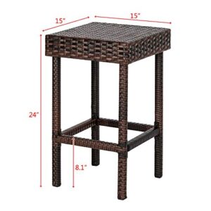 24 inch Counter Height Rattan Wicker Bar Stools Set of 4, Bistro Pub Backless Barstools, Kitchen Dining Room Chairs, Indoor Outdoor Furniture (Brown)