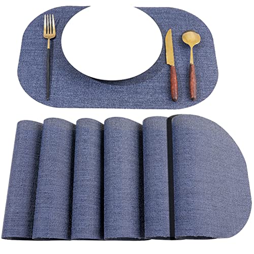 XINYUN Oval Place Mats Indoor Set of 6 Washable Navy Blue Kitchen Table Placemats Vinyl Woven Patio Table Mats Heat Resistant Non Slip Decorate for Outdoor Garden Picnic Beach Dining Table