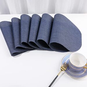 XINYUN Oval Place Mats Indoor Set of 6 Washable Navy Blue Kitchen Table Placemats Vinyl Woven Patio Table Mats Heat Resistant Non Slip Decorate for Outdoor Garden Picnic Beach Dining Table