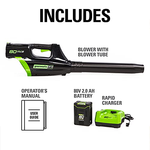 Greenworks Pro 80V (125 MPH / 500 CFM) Cordless Axial Leaf Blower, 2.0Ah Battery and Charger Included GBL80300