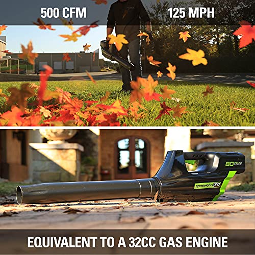 Greenworks Pro 80V (125 MPH / 500 CFM) Cordless Axial Leaf Blower, 2.0Ah Battery and Charger Included GBL80300