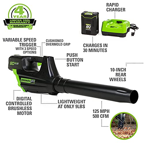 Greenworks Pro 80V (125 MPH / 500 CFM) Cordless Axial Leaf Blower, 2.0Ah Battery and Charger Included GBL80300