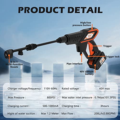 AIVOLT Cordless Pressure Washer, 800PSI Portable Power Cleaner 40V Battery Powered Cordless Power Washer with 6-in-1 & 180°Rotating Multi-Function Nozzle for Washing Cars/Fences/Siding