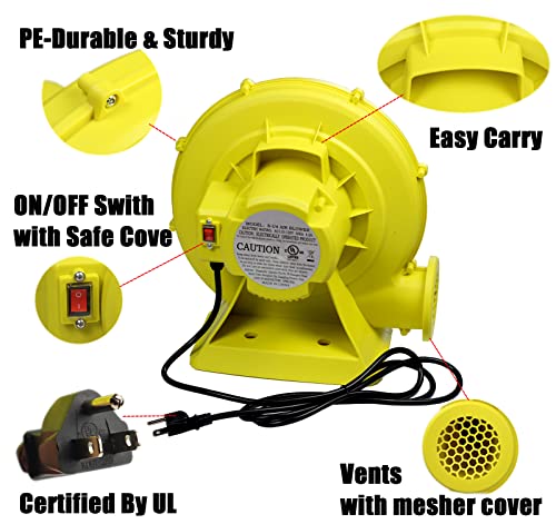 Bounce House Blower, 0.6 HP 450 Watt air Blower for About 11 ft x11 ft Inflatables Bouncy Castle Slide House Jumper (Yellow)