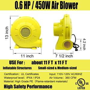 Bounce House Blower, 0.6 HP 450 Watt air Blower for About 11 ft x11 ft Inflatables Bouncy Castle Slide House Jumper (Yellow)