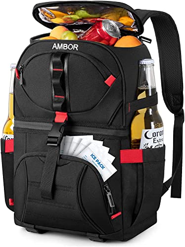 Cooler Backpack with 5 Ice Packs, 32 Cans Insulated Cooler Bag, AMBOR Large Capacity Lunch Backpack with Double Decks, Soft Lightweight Leakproof Cooler Backpack for Men Women Work/Hiking/Camping