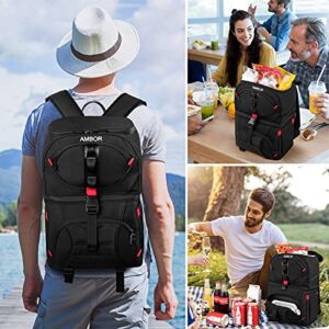 Cooler Backpack with 5 Ice Packs, 32 Cans Insulated Cooler Bag, AMBOR Large Capacity Lunch Backpack with Double Decks, Soft Lightweight Leakproof Cooler Backpack for Men Women Work/Hiking/Camping