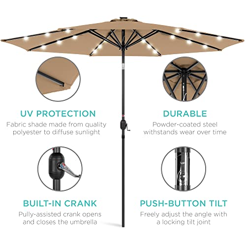 Best Choice Products 10ft Solar Powered Aluminum Polyester LED Lighted Patio Umbrella w/Tilt Adjustment and UV-Resistant Fabric, Tan