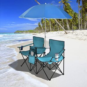 arlime double folding beach chairs, outdoor picnic portable loveseat chairs with removable umbrella & mini table carrying bag, camping chair for patio, pool, park (turquoise)