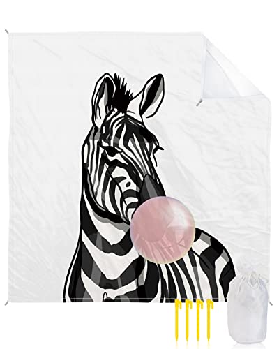 Watercolor Zebra Blowing Pink Bubbles Beach Blanket Sandproof, Beach Mat Sand Free Waterproof, Black White Animal Pure Backdrop Outdoor Picnic Blanket for Beach Party/Travel/Camping 108"x84"