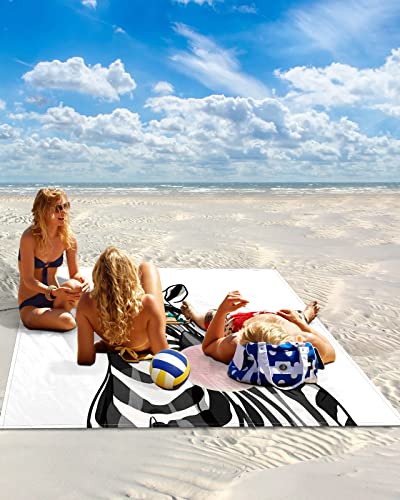 Watercolor Zebra Blowing Pink Bubbles Beach Blanket Sandproof, Beach Mat Sand Free Waterproof, Black White Animal Pure Backdrop Outdoor Picnic Blanket for Beach Party/Travel/Camping 108"x84"