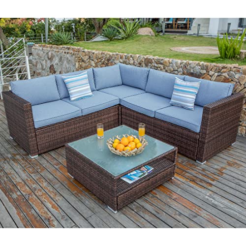 COSIEST 4-Piece Outdoor Furniture Set All-Weather Brown Wicker Sectional Sofa w Glass Coffee Table, Heritage Blue Cushions,2 Stripe Woven Pillows Incl. Waterproof Cover for Garden