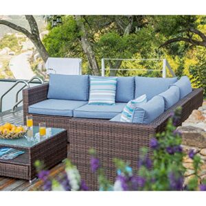 COSIEST 4-Piece Outdoor Furniture Set All-Weather Brown Wicker Sectional Sofa w Glass Coffee Table, Heritage Blue Cushions,2 Stripe Woven Pillows Incl. Waterproof Cover for Garden