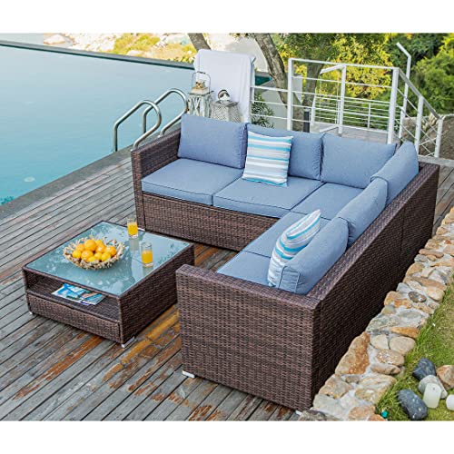 COSIEST 4-Piece Outdoor Furniture Set All-Weather Brown Wicker Sectional Sofa w Glass Coffee Table, Heritage Blue Cushions,2 Stripe Woven Pillows Incl. Waterproof Cover for Garden