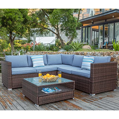 COSIEST 4-Piece Outdoor Furniture Set All-Weather Brown Wicker Sectional Sofa w Glass Coffee Table, Heritage Blue Cushions,2 Stripe Woven Pillows Incl. Waterproof Cover for Garden