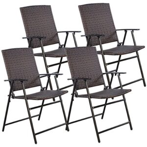 tangkula 4 pcs folding patio chair set outdoor pool lawn portable wicker chair with armrest & footrest durable rattan steel frame commercial foldable stackable party wedding chair set (24x23x37)