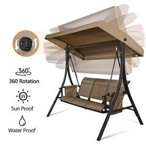 Patio Tree 3-Seater Outdoor Porch Swing Patio Hammock Swing Glider Bench with Adjustable Canopy (Brown)