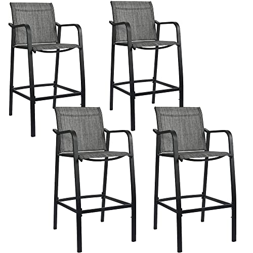 Sundale Outdoor Metal Bar Stools Set of 4,Patio Counter Height Barstools with Back Armrest, Modern Quick Dry Fabric Wrought Iron High Seating Chairs-Steel Gray