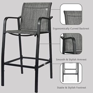 Sundale Outdoor Metal Bar Stools Set of 4,Patio Counter Height Barstools with Back Armrest, Modern Quick Dry Fabric Wrought Iron High Seating Chairs-Steel Gray