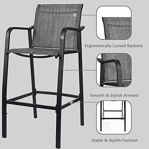 Sundale Outdoor Metal Bar Stools Set of 4,Patio Counter Height Barstools with Back Armrest, Modern Quick Dry Fabric Wrought Iron High Seating Chairs-Steel Gray