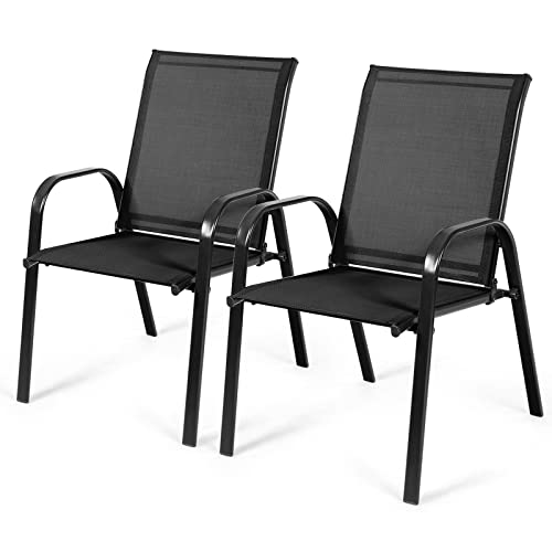 Tangkula 2 Piece Patio Dining Chairs, Outdoor Bistro Chairs W/Curved Armrests, Easy-to-Dry Fabric, Reinforced Steel Frame, Wide & Comfortable Camping Chairs for Garden, Poolside, Backyard (1, Black)