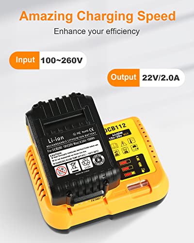 Replacement for Dewalt 20V Battery Charger DCB112, Compatible with Dewalt 12V 20V Max Lithium Battery DCB201 DCB204 DCB205 DCB206 DCB120 DCB127 DCB112 DCB115 DCB118 DCB107 DCB105 DCB102