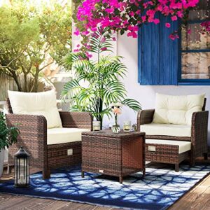 Pamapic 5 Pieces Wicker Patio Furniture Set Outdoor Patio Chairs with Ottomans Conversation Furniture with coffetable for Poorside Garden Balcony(Beige)