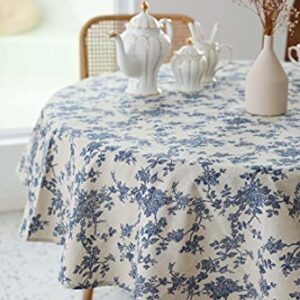 Pastoral Round Tablecloth - 60 Inch Dia. - Linen Fabric Table Cloth - Washable Table Cover with Dust-Proof Wrinkle Resistant for Restaurant, Picnic, Indoor and Outdoor Dining, Floral (Dark Blue)