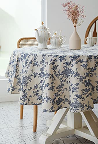 Pastoral Round Tablecloth - 60 Inch Dia. - Linen Fabric Table Cloth - Washable Table Cover with Dust-Proof Wrinkle Resistant for Restaurant, Picnic, Indoor and Outdoor Dining, Floral (Dark Blue)