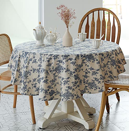 Pastoral Round Tablecloth - 60 Inch Dia. - Linen Fabric Table Cloth - Washable Table Cover with Dust-Proof Wrinkle Resistant for Restaurant, Picnic, Indoor and Outdoor Dining, Floral (Dark Blue)