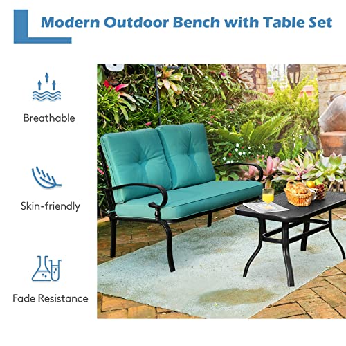 SMLJLQ 2PCS Patio Loveseat Bench Table Furniture Set Cushioned Chair Turquois Loveseat Coffee Table