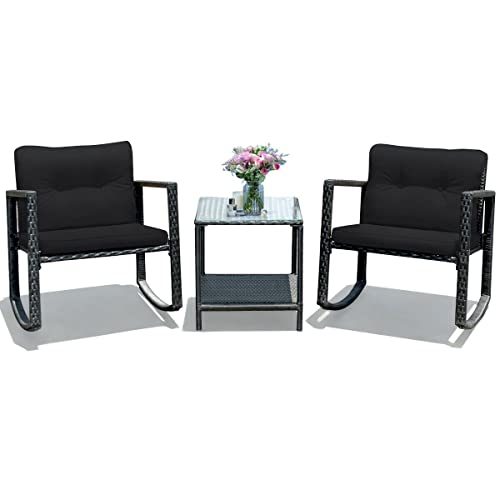 SMLJLQ 3PCS Patio Rattan Furniture Set Rocking Chairs Cushioned Sofa Black Rocking Chair