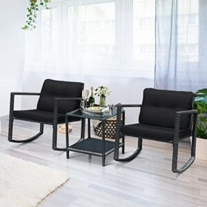 SMLJLQ 3PCS Patio Rattan Furniture Set Rocking Chairs Cushioned Sofa Black Rocking Chair