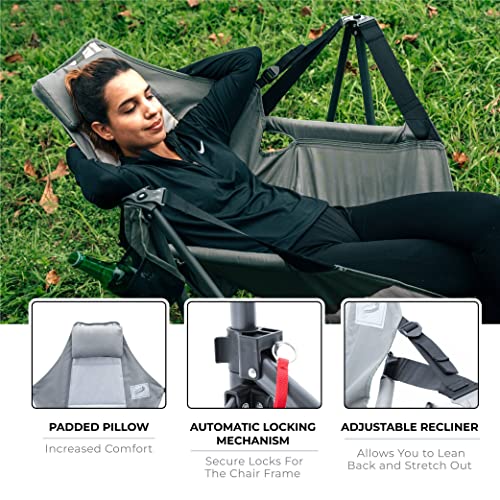 Camphor Designs Portable Swing Hammock Chair | Foldable Recliner Rocking Lounger with Headrest and Drink Holder | for Outdoor & Sports, Beach, Lawn, Hunting, Tailgating, Fishing | Supports 300 Lbs